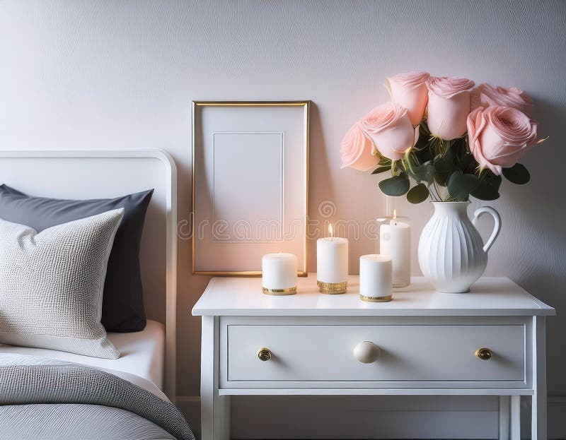 Minimalist White Bedside Table Decor Against White Wall with Various ...