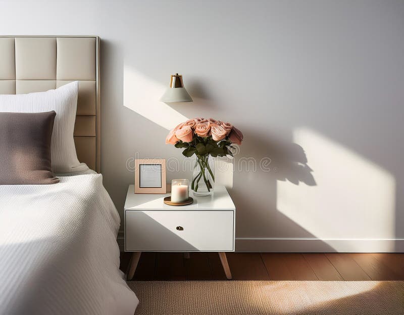 Minimalist White Bedside Table with Items Against White Wall Stock ...