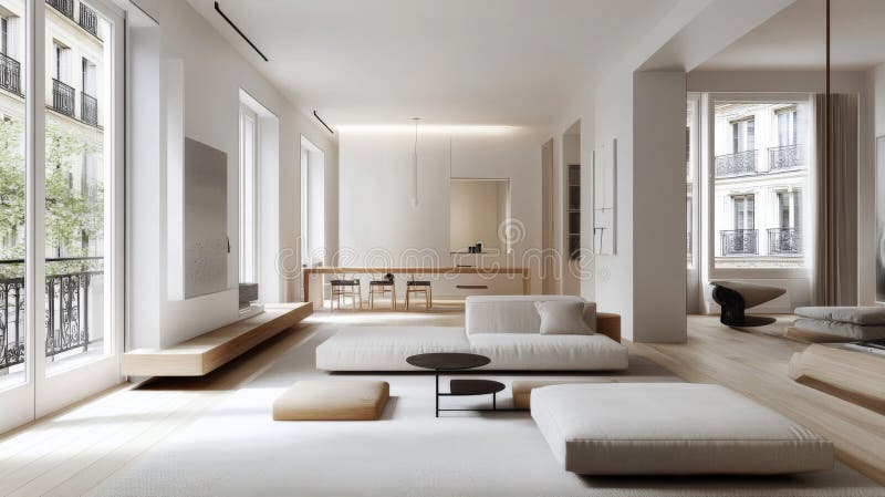 Minimalist White and Beige Apartment Interior Design Stock Illustration ...