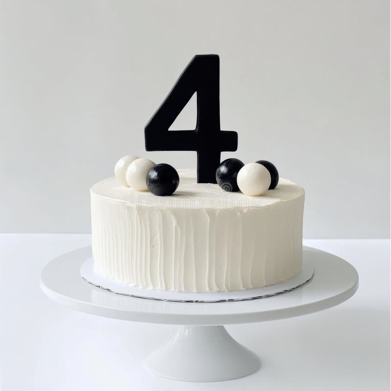 Minimalist White Birthday Cake with Black Number Four Decoration Stock ...