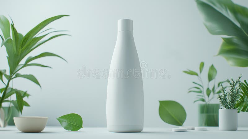 A Minimalist White Bottle Surrounded by Greenery in a Bright Indoor ...
