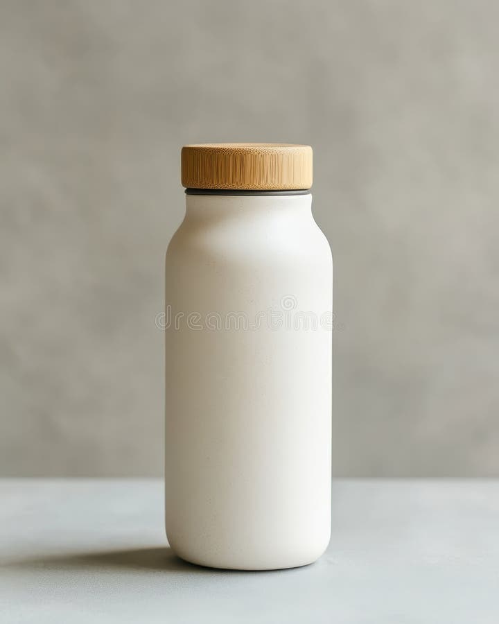 A Minimalist White Bottle with a Wooden Lid, Suitable for Beverages or ...
