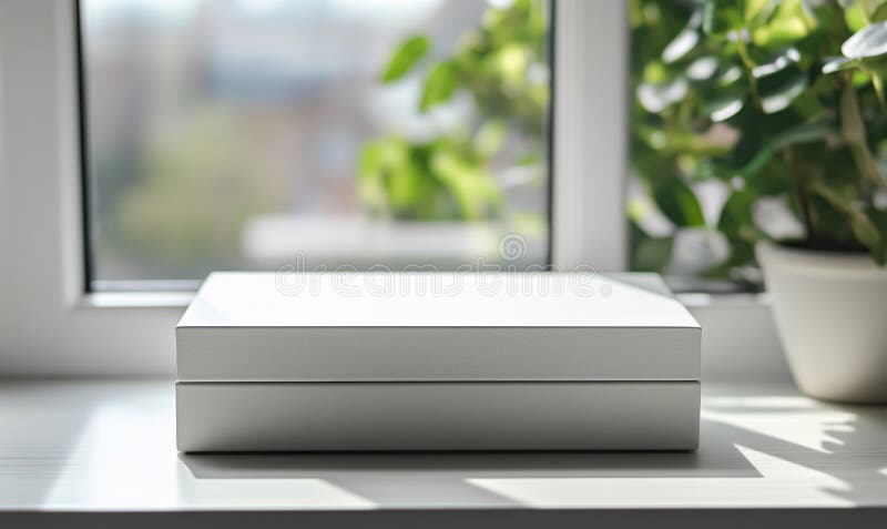 Minimalist White Box on Windowsill, Natural Light, Greenery in ...