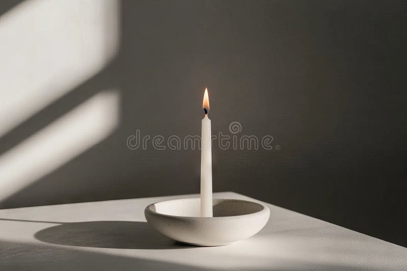 Minimalist White Candle in Ceramic Holder with Soft Shadows on a White ...