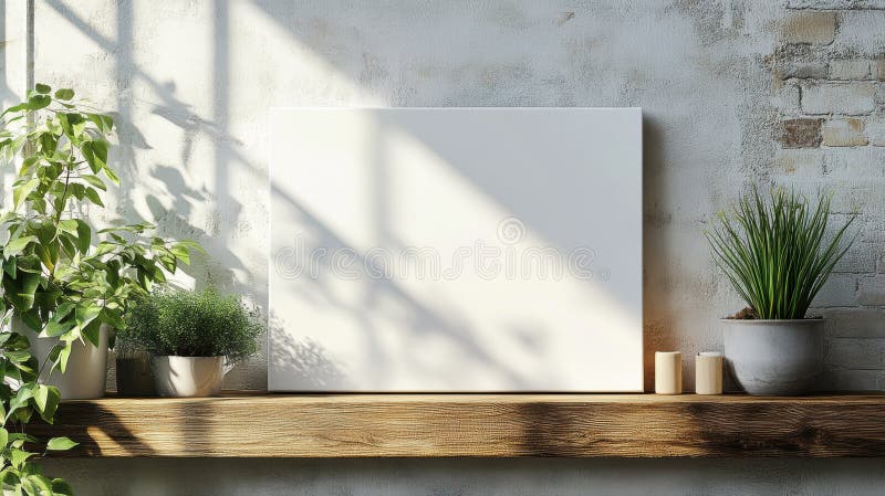 Minimalist White Canvas Frame Displayed on a Wooden Shelf in a Bright ...