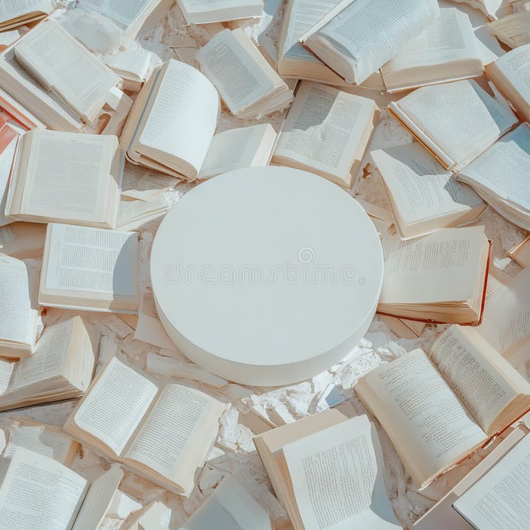Minimalist White Circular Podium Surrounded by Open Books for Creative ...