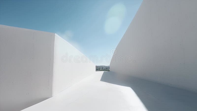 Minimalist White Corridor with Geometric Design Under Clear Blue Sky ...