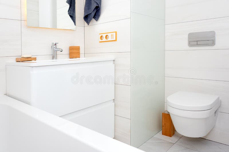 Minimalist White Cozy, Fresh and Clean Modern Bathroom Stock Image ...