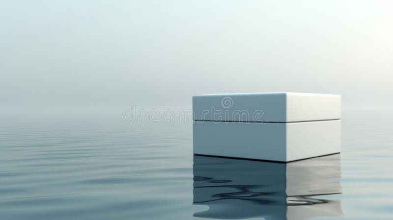 Minimalist White Cube Floating on Calm Water Surface Reflecting Soft ...