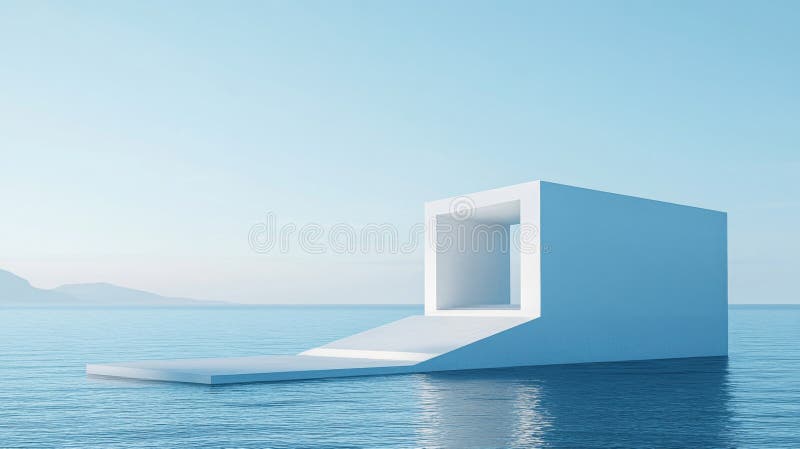 Minimalist White Cube Structure on Calm Blue Sea Under Bright Sky Stock ...