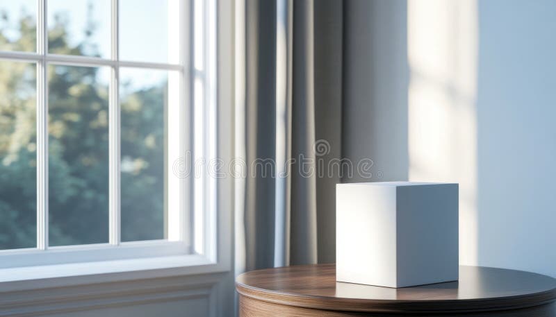 Minimalist White Cube on a Wooden Table beside a Sunny Window in a ...