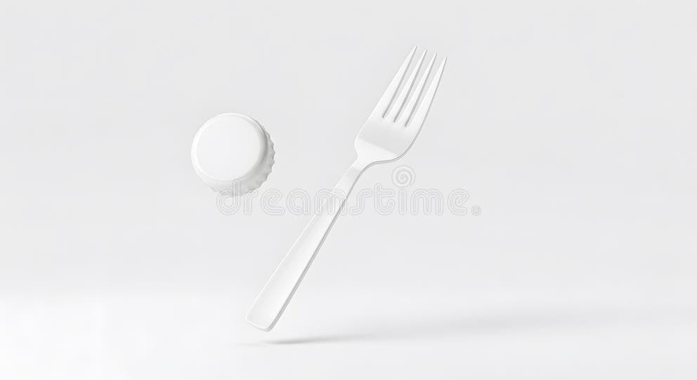 Minimalist White Fork and Bottle Cap Floating on a Clean White ...