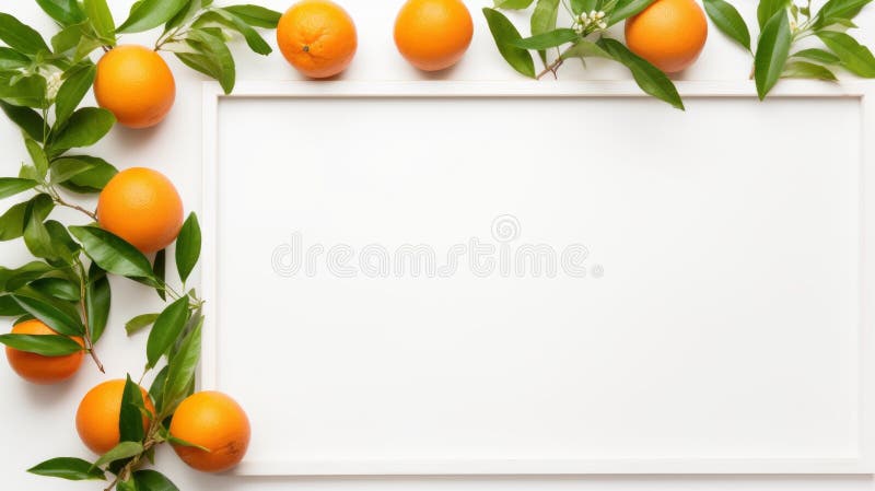 Minimalist White Frame with Oranges and Branches on White Background ...