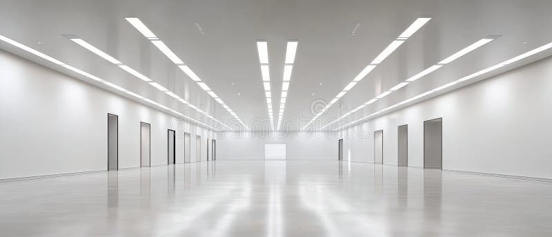 Minimalist White Gallery Interior Clean Lines Overhead Lighting and ...
