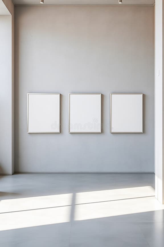 Minimalist White Gallery Interior with Frames in Illuminated Light ...