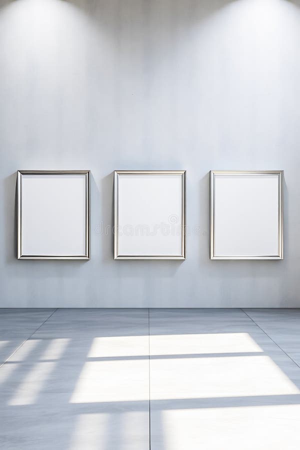 Minimalist White Gallery Interior with Frames in Illuminated Light ...