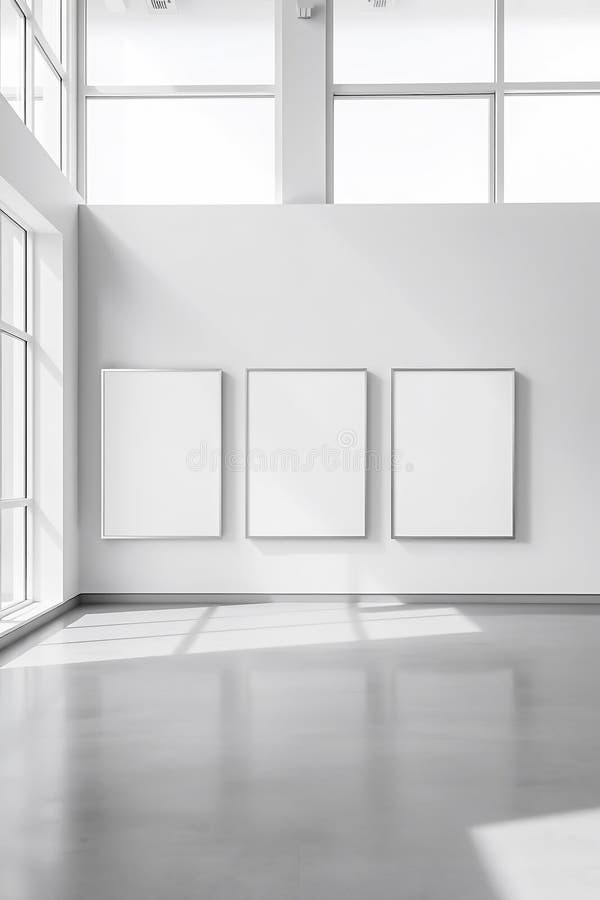 Minimalist White Gallery Interior with Frames in Illuminated Light ...