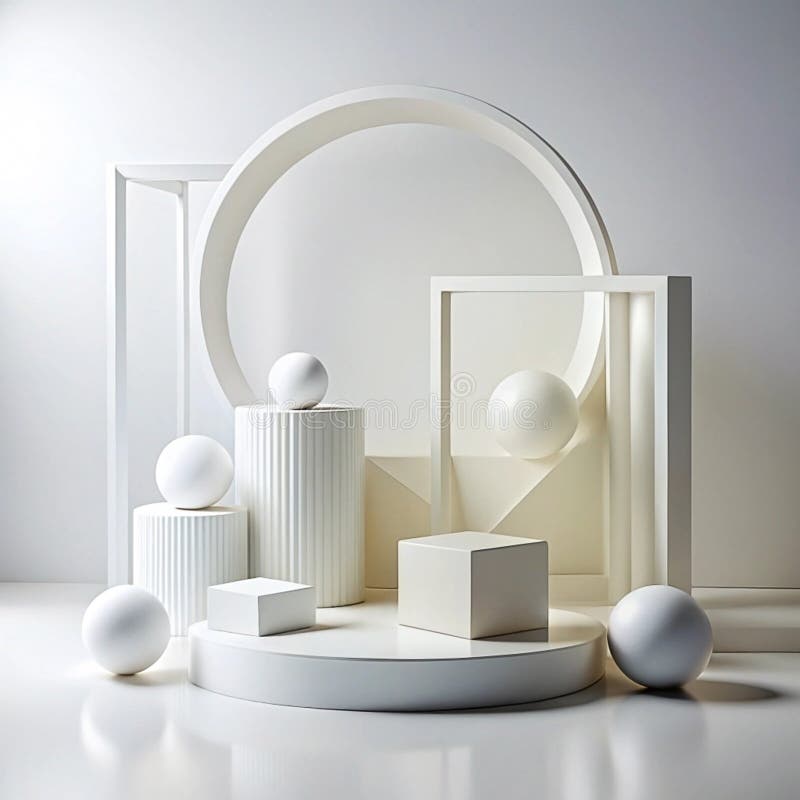 Minimalist White Geometric Shapes and Spheres on a Platform Stock ...