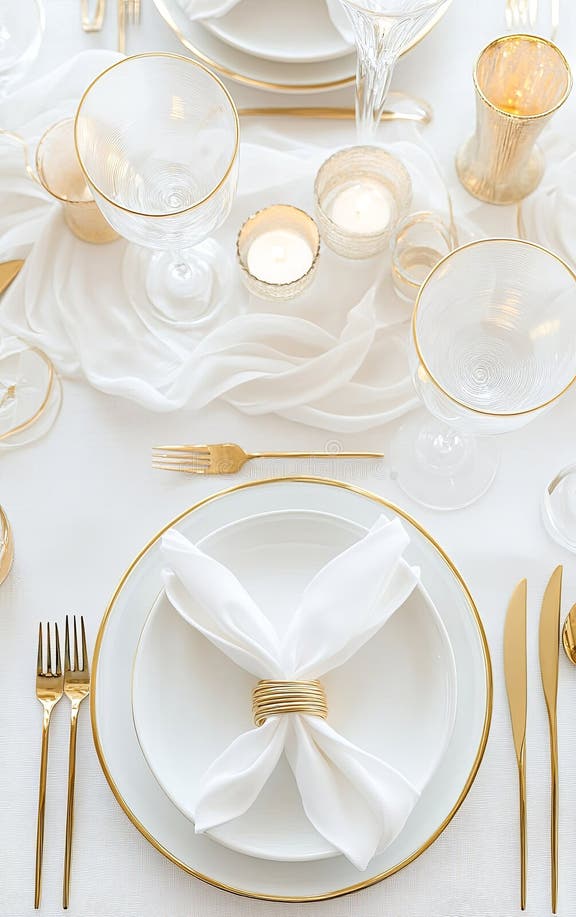 Minimalist White and Gold Table Setting Quality Picture Quality. Stock ...