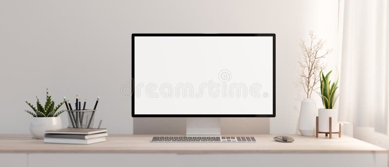 A Minimalist White Home Office with a PC Computer Mockup on a Wood ...