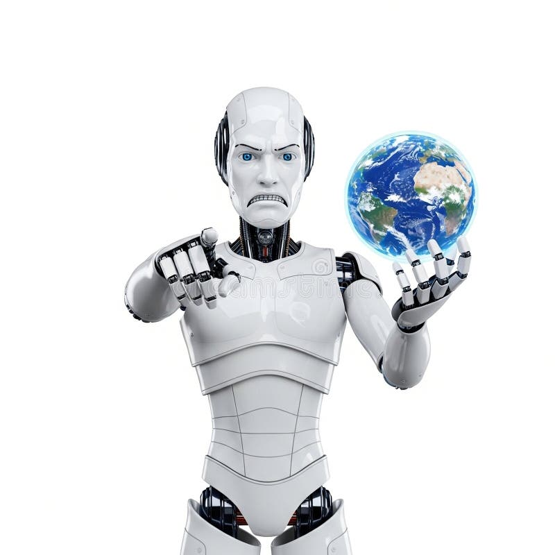 Angry Robot Holding the Earth. Stock Image - Image of artificial ...