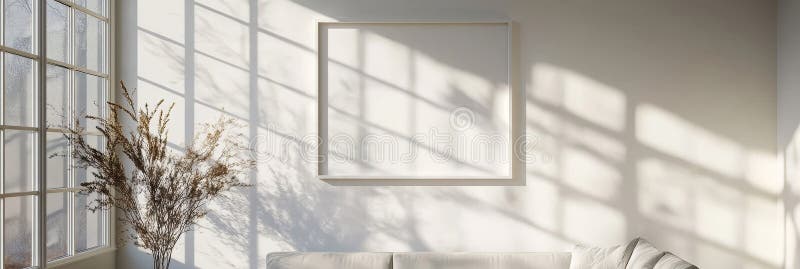 Minimalist White Interior with Blank Frame, Sofa and Dried Flower Decor ...