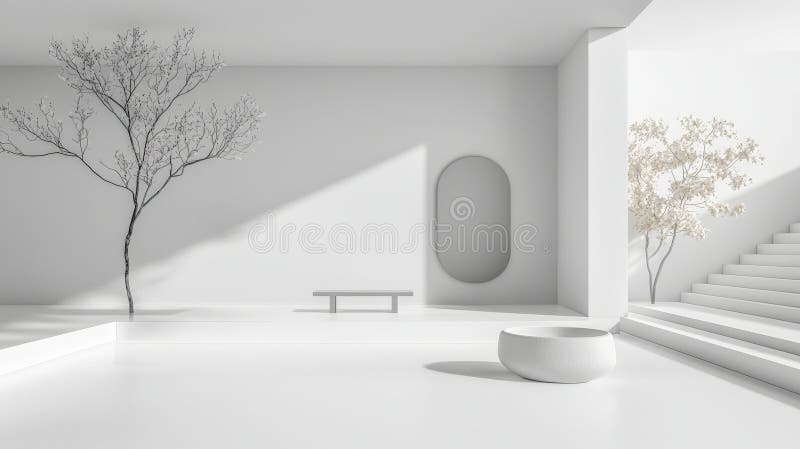 Minimalist White Interior Design with Plants and Bench Stock ...