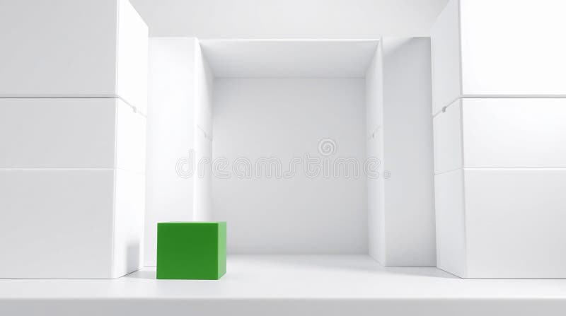 Minimalist White Interior Space with Green Cube Accent - Abstract ...