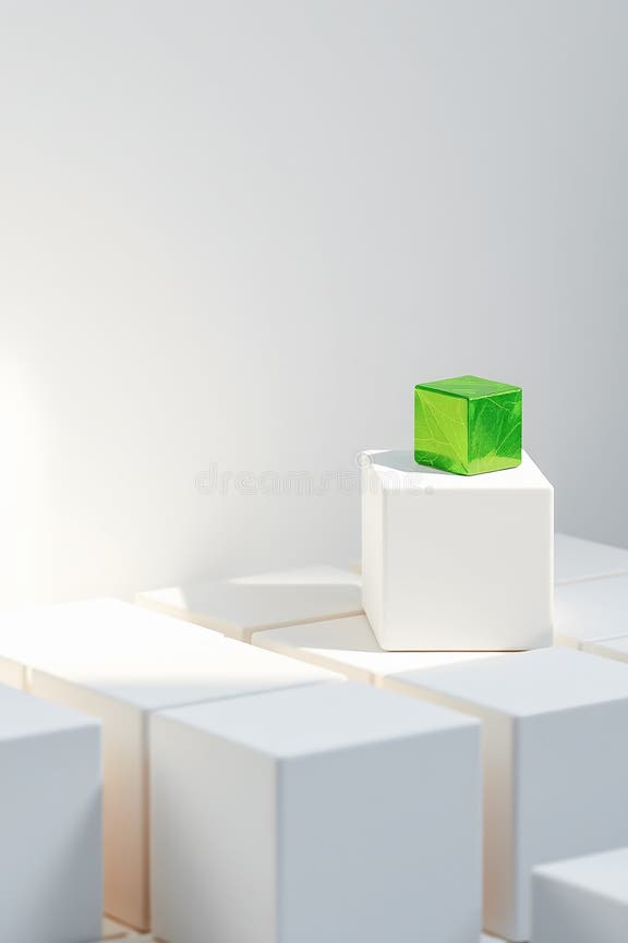 Minimalist White Interior Space with Green Cube Accent - Abstract Geometric Composition with ...