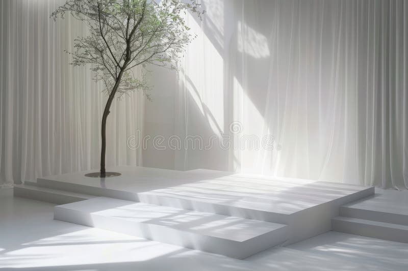 Minimalist White Interior with Tree and Sunlight Streaming through ...