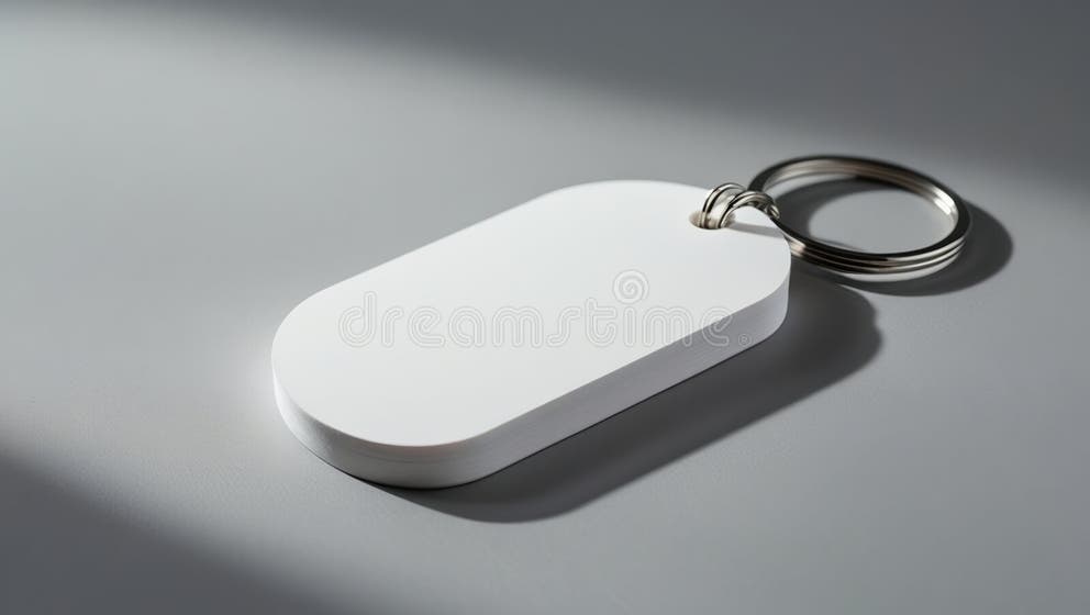 Minimalist White Keychain with Blank Rectangular Tag on a Gray Surface ...