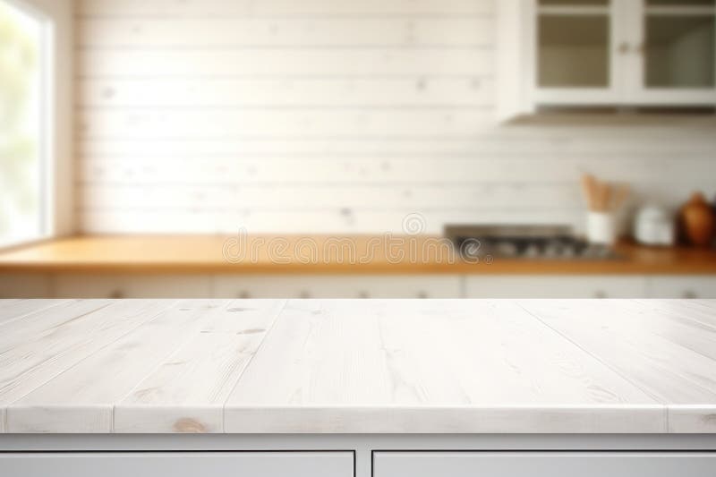 Minimalist White Kitchen with Blurred Background on Empty Wooden ...