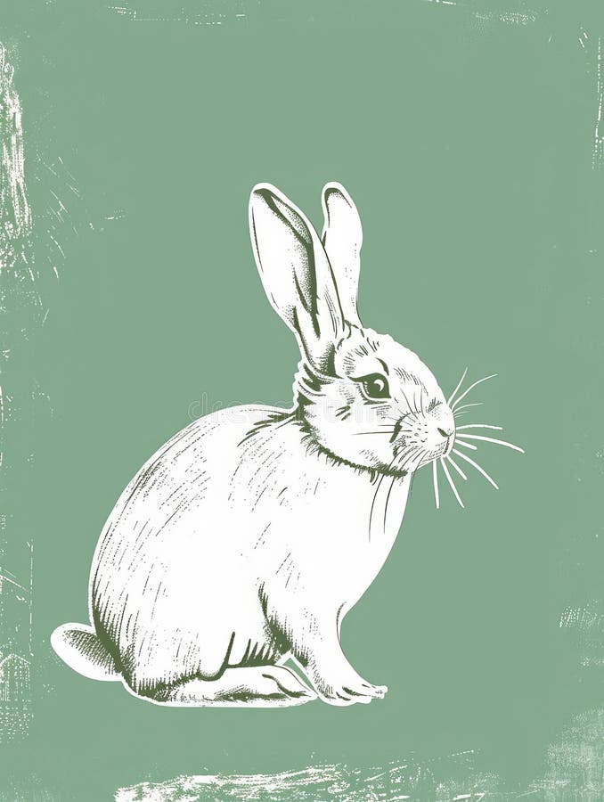 Minimalist White Line Art of a Rabbit on a Fresh Mint Green Background ...