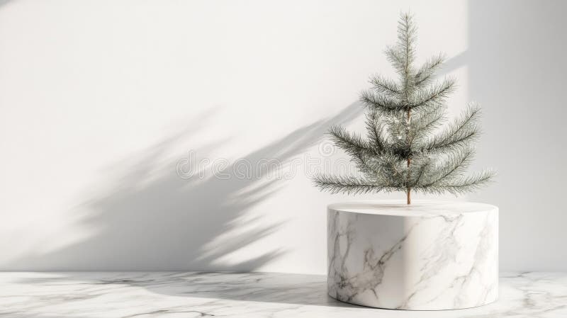 Minimalist White Marble Setting with Small Evergreen Tree Stock ...