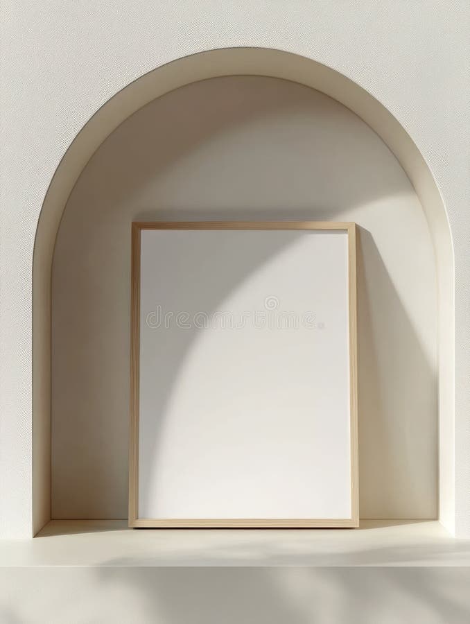 Minimalist White Mock Up Poster with Light Wood Frame in Arch Niche for ...