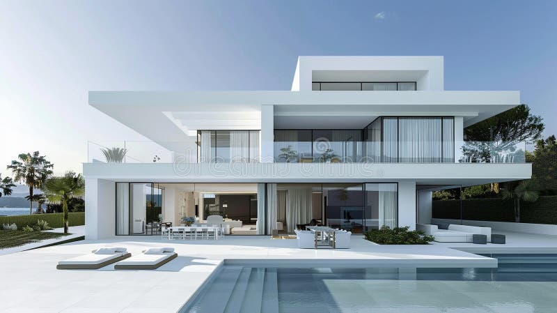 Minimalist White Modern House, Clear Geometric Shapes, Emphasized ...