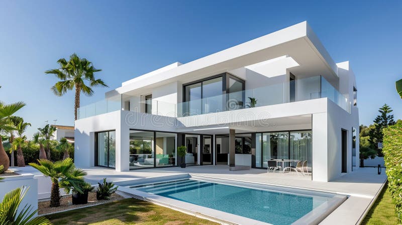 Minimalist White Modern House, Clear Geometric Shapes, Emphasized ...