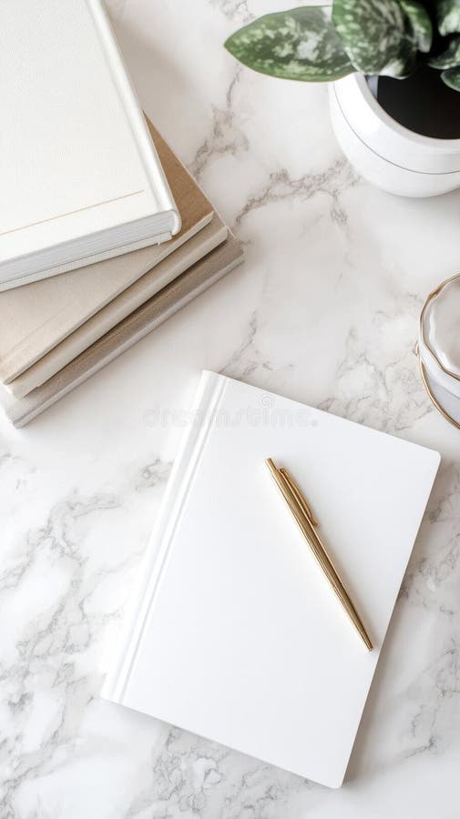 Minimalist White Notebook Mockup on Marble Surface with Gold Pen Stock ...