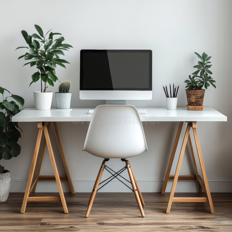 Minimalist White Office Setup with Desk, Computer, and Plants. Clean ...