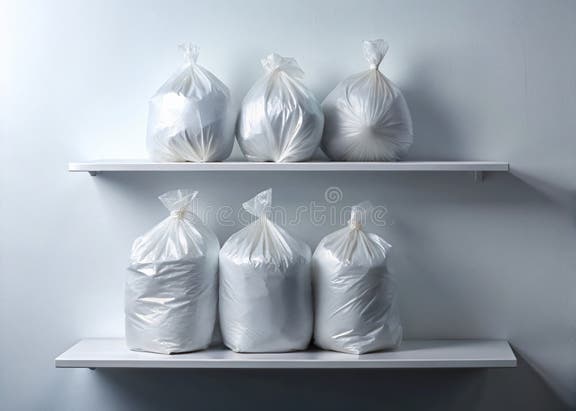 Minimalist White Plastic Garbage Bag Roll on Clear Plastic Shelf Clean ...