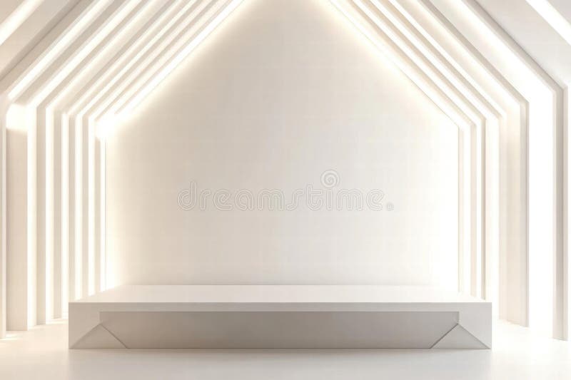 Minimalist White Platform with Geometric Ceiling Lights Stock Image ...