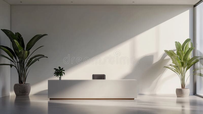 Minimalist White Reception Desk Modern Office Plants Sunlight Stock ...