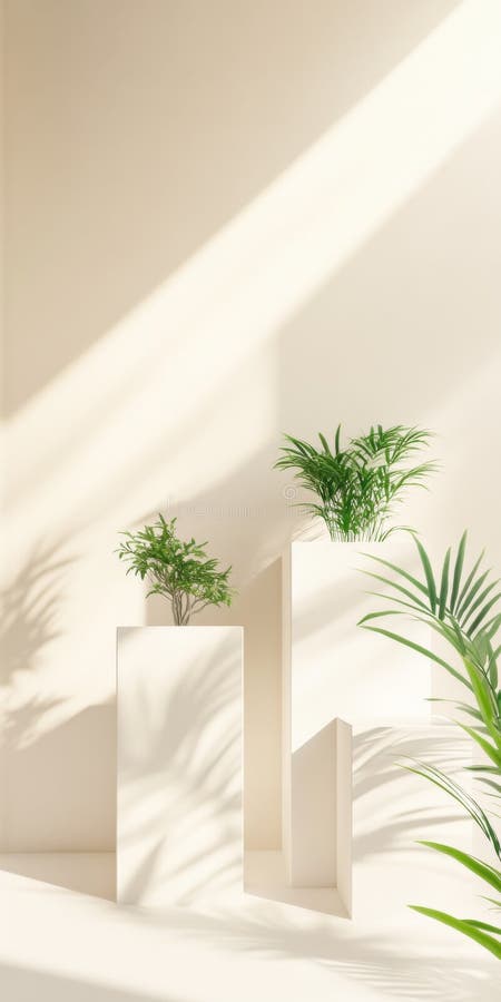 Minimalist White Rectangles Supporting Lush Greenery in a Serene ...