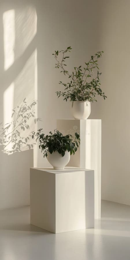 Minimalist White Rectangles Supporting Lush Greenery in a Serene ...