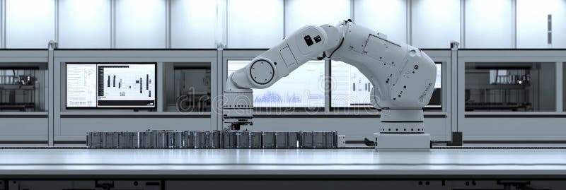 Minimalist White Robotic Arm in Clean Tech Facility Stock Illustration ...