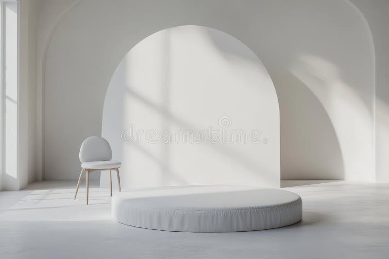 Minimalist White Room with Circular Platform and Chair Stock ...