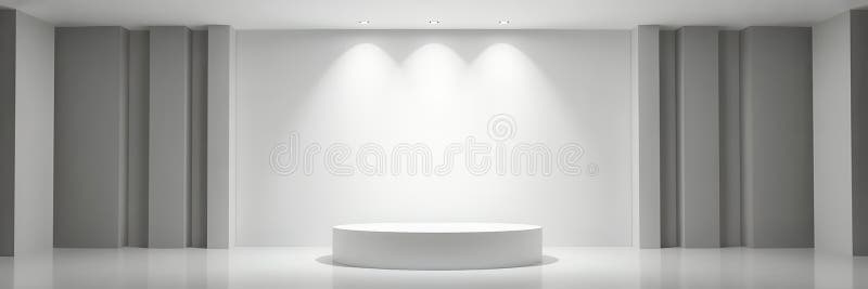 A Minimalist White Room with a Circular Platform and Three Spotlights ...
