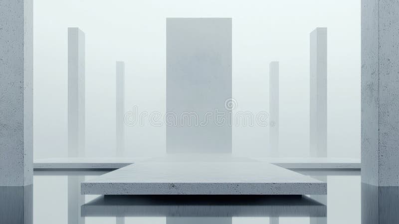 A Minimalist White Room with a Concrete Floor and a Long Rectangular ...