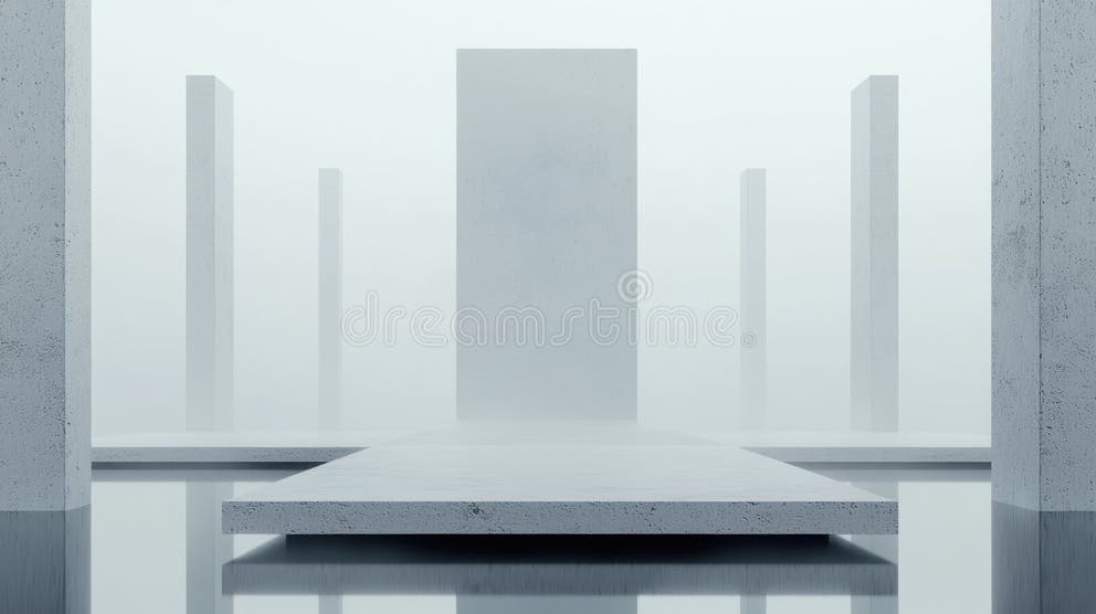 A Minimalist White Room with a Concrete Floor and a Long Rectangular ...