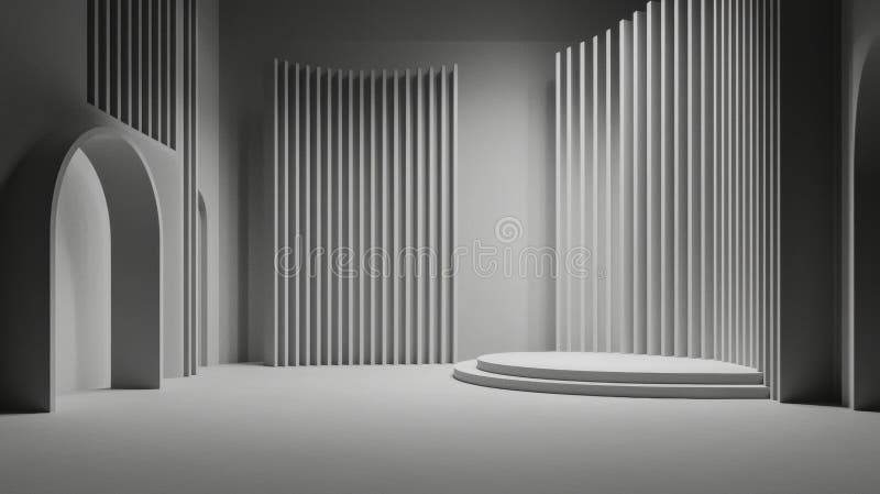 A Minimalist White Room with a Curved Wall, Arches, and a Platform ...